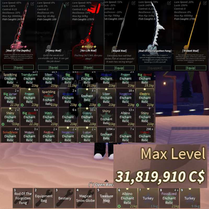 SALEID385Fisch: Level 750 Max 31M8 C$ X2 Exp - 300x Hexed Relic - Rod ...