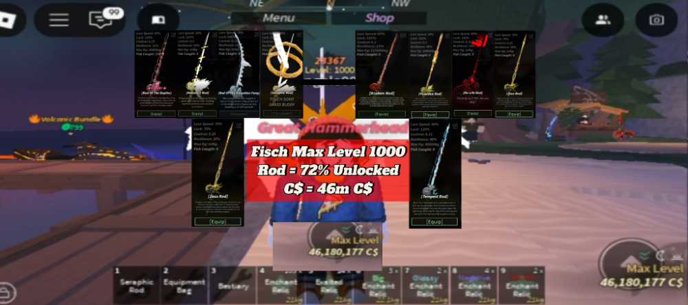 Fisch - Max Level 1000 - 72% rod unlocked - 46m C$ - Seraphic Rod ...