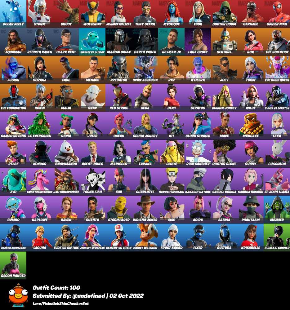 100 skins Spider Man Tony Stark Toona Fish Neymar Thor Polar Peely ...