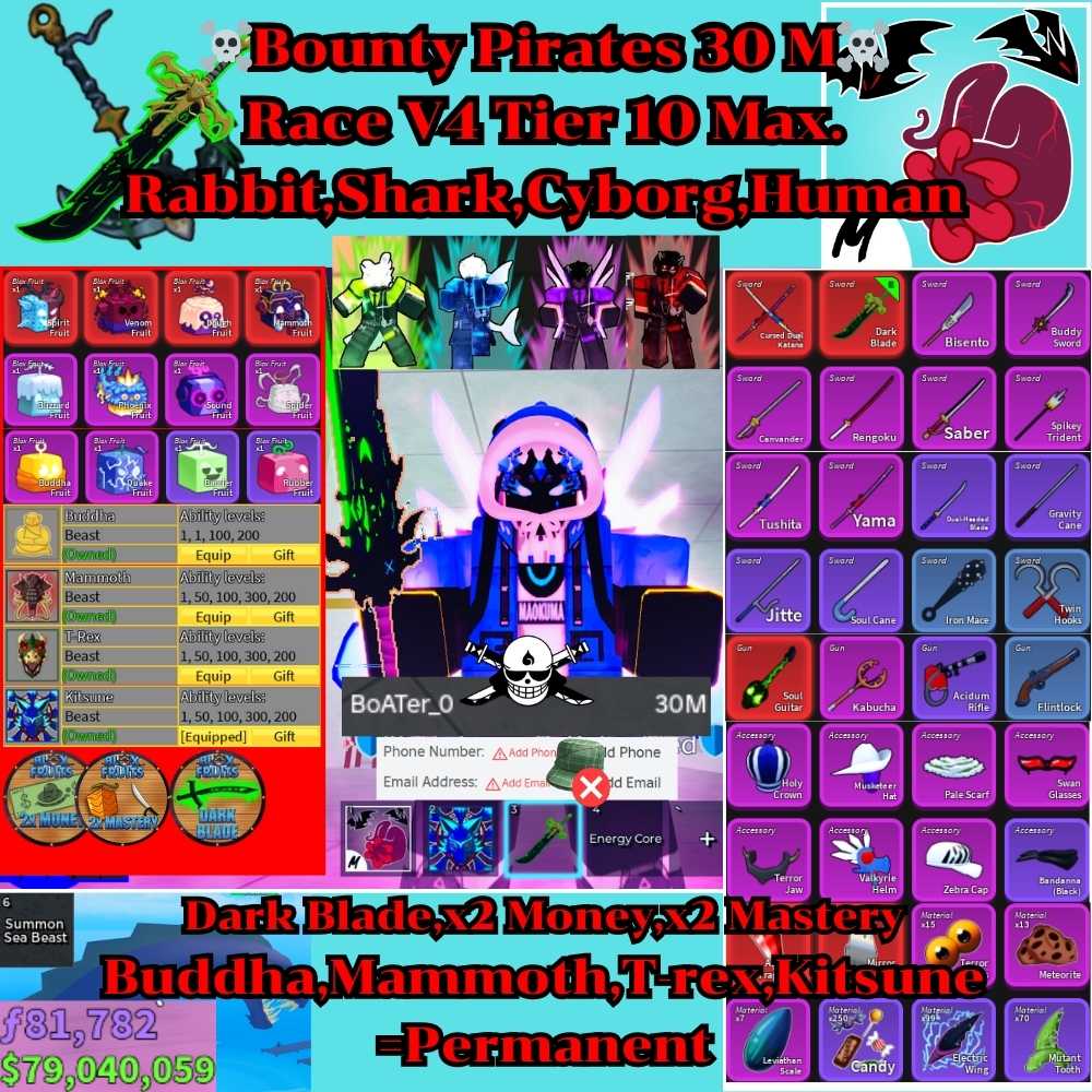 Blox Fruit Bounty Pirates 30M Lv:2550 Max.Buddha,Mammoth,T-rex,Kitsune ...